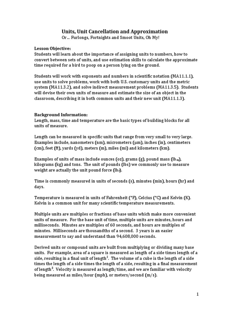 Units Lesson Plan | PDF | Pound (Mass) | Foot (Unit)