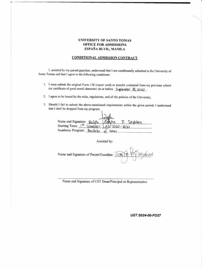 UST Conditional Admission Agreement | PDF