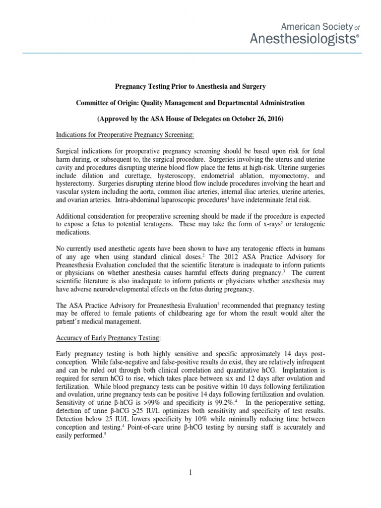 Pregnancy Testing Prior To Anesthesia and Surgery | PDF | Anesthesia ...