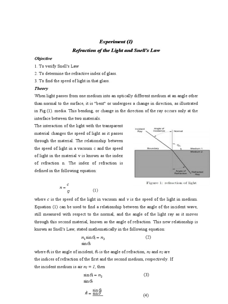 Experiment (1) Refraction of The Light and Snell's Law: Objective | PDF ...