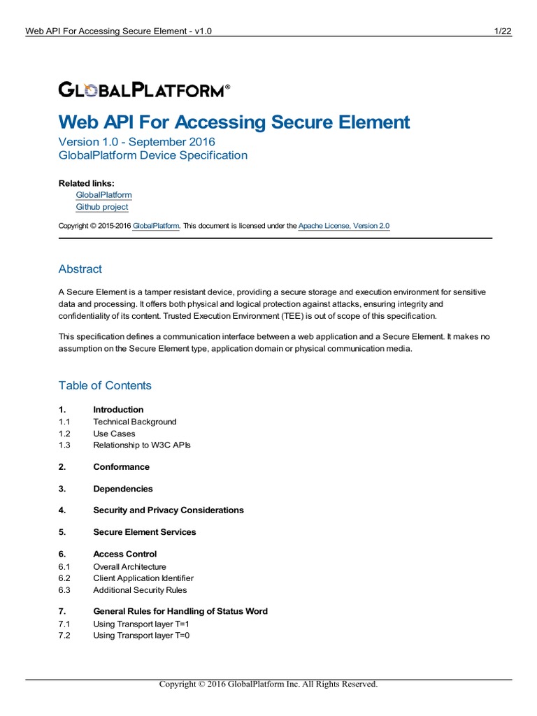 Web Api For Accessing Secure Element: Version 1.0 - September 2016 Globalplatform Device ...