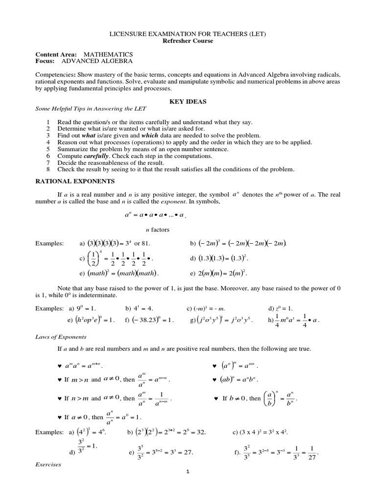 Refresher Course Content Area: MATHEMATICS Focus: Advanced Algebra ...
