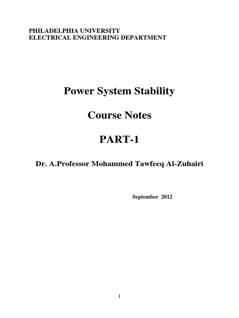 Power System Stability Course Notes PART-1: Dr. A.Professor Mohammed ...