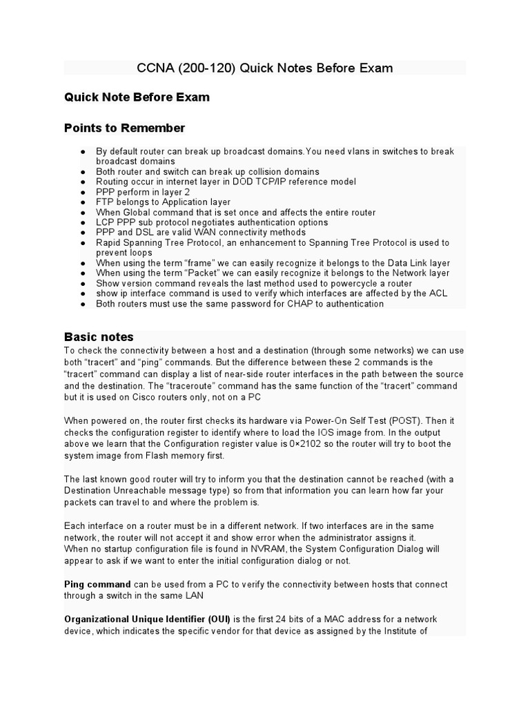 CCNA Quick Notes Before Exam | PDF | Network Switch | Network Protocols