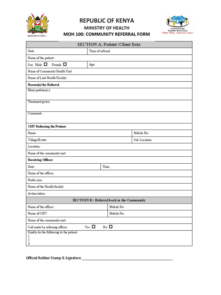Republic of Kenya: Moh 100: Community Referral Form | PDF
