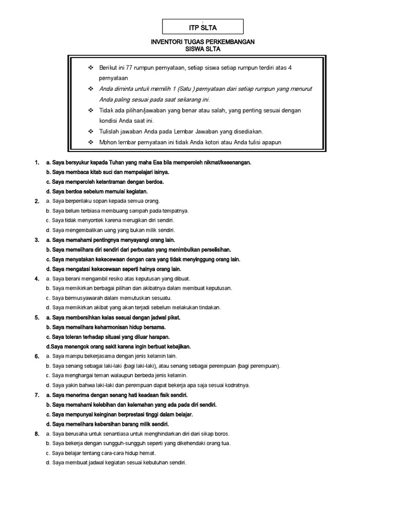 Butir Soal Itp Siswa | PDF