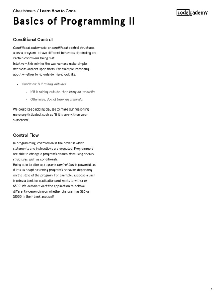 Learn How To Code - Basics of Programming II Cheatsheet - Codecademy | PDF