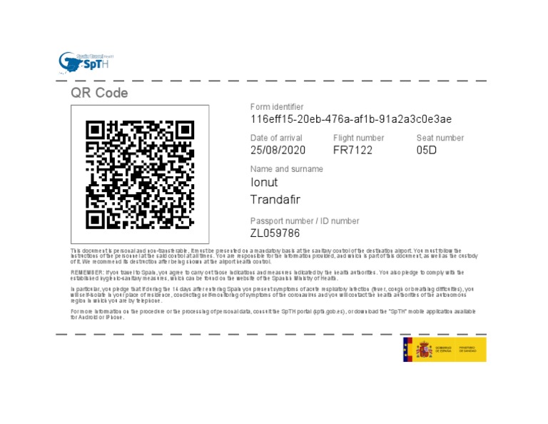 Spain Travel Health QR Code Form | PDF