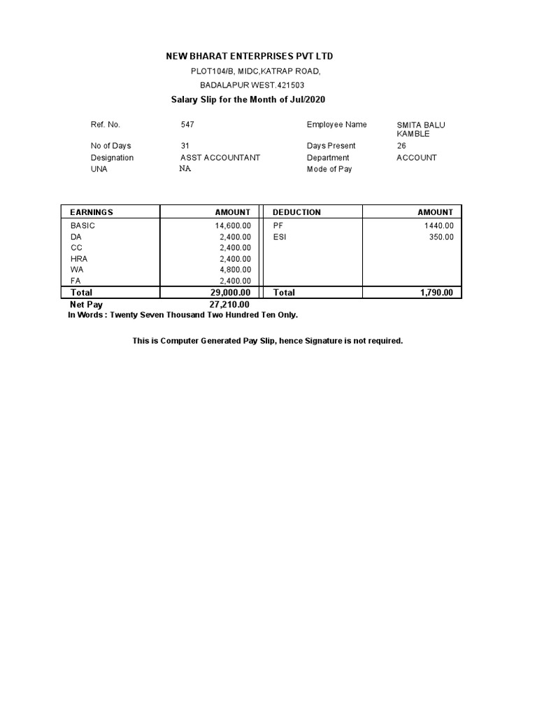 Salary Slip for Smita Kamble - July 2020 | PDF