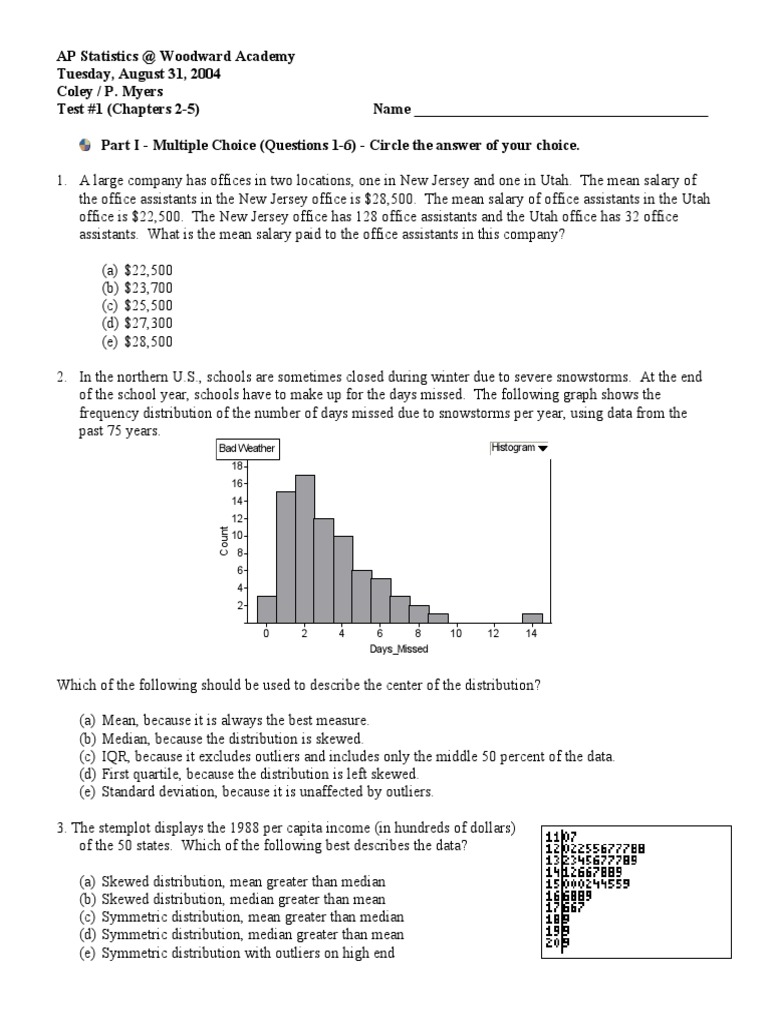 AP Stat Test 1 - 2004-2005 | PDF | Mean | Outlier