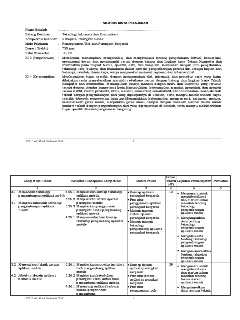 SILABUS RPL Perangkat Bergerak (Penyelarasan DUDI) | PDF