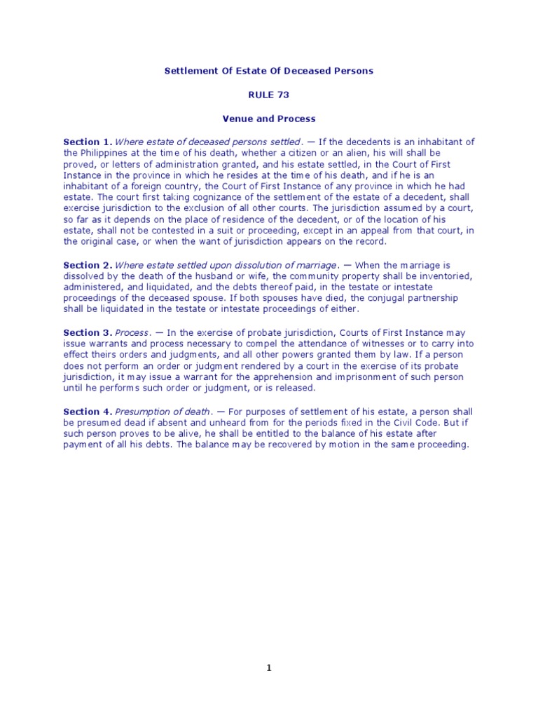 Rule 73 | PDF | Probate | Intestacy