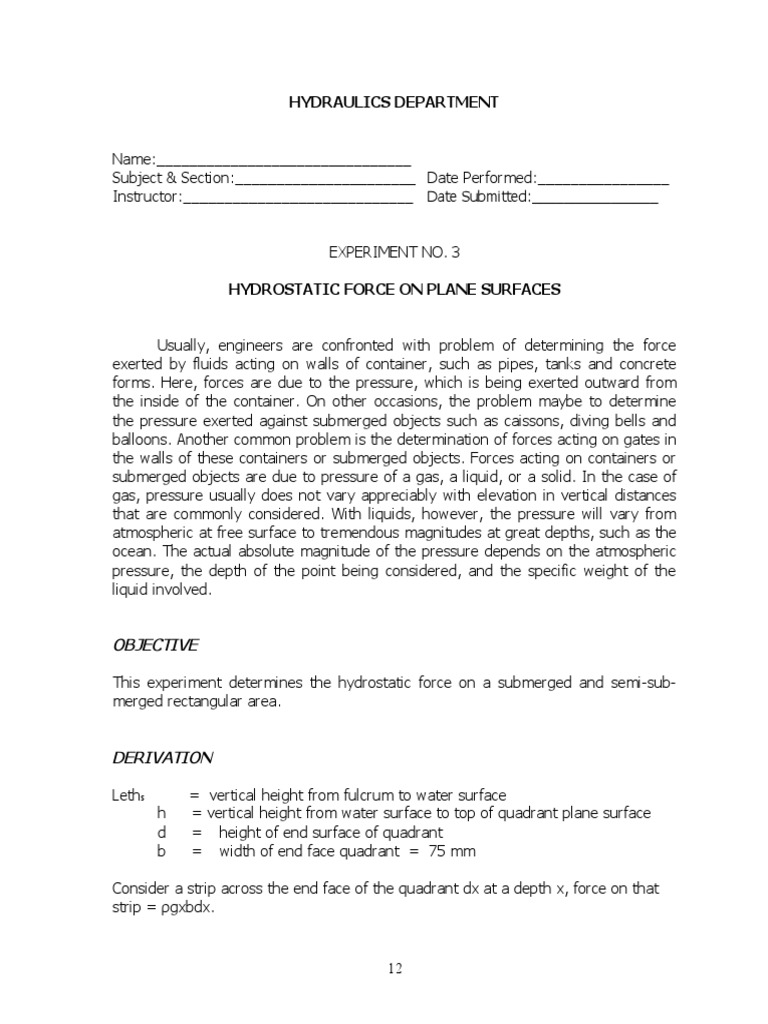 03-Experiment # 3-Hydrostatic Force On Plane Surfaces (12-18) | PDF ...