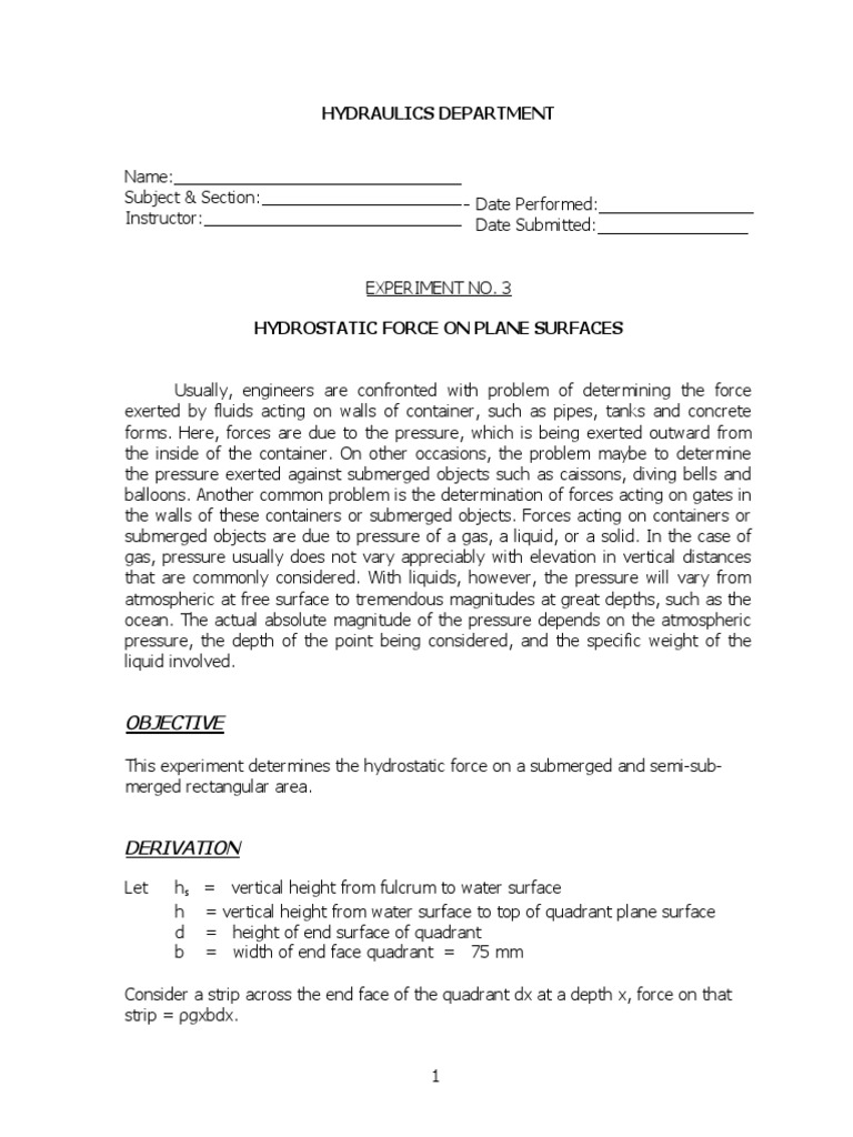 03-Experiment # 3-Hydrostatic Force On Plane Surfaces (12-18) | PDF ...