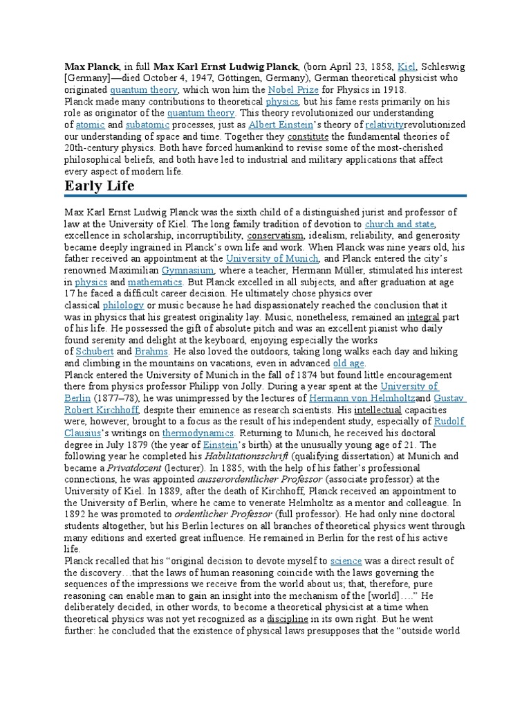 Early Life: Max Planck, in Full Max Karl Ernst Ludwig Planck, (Born ...