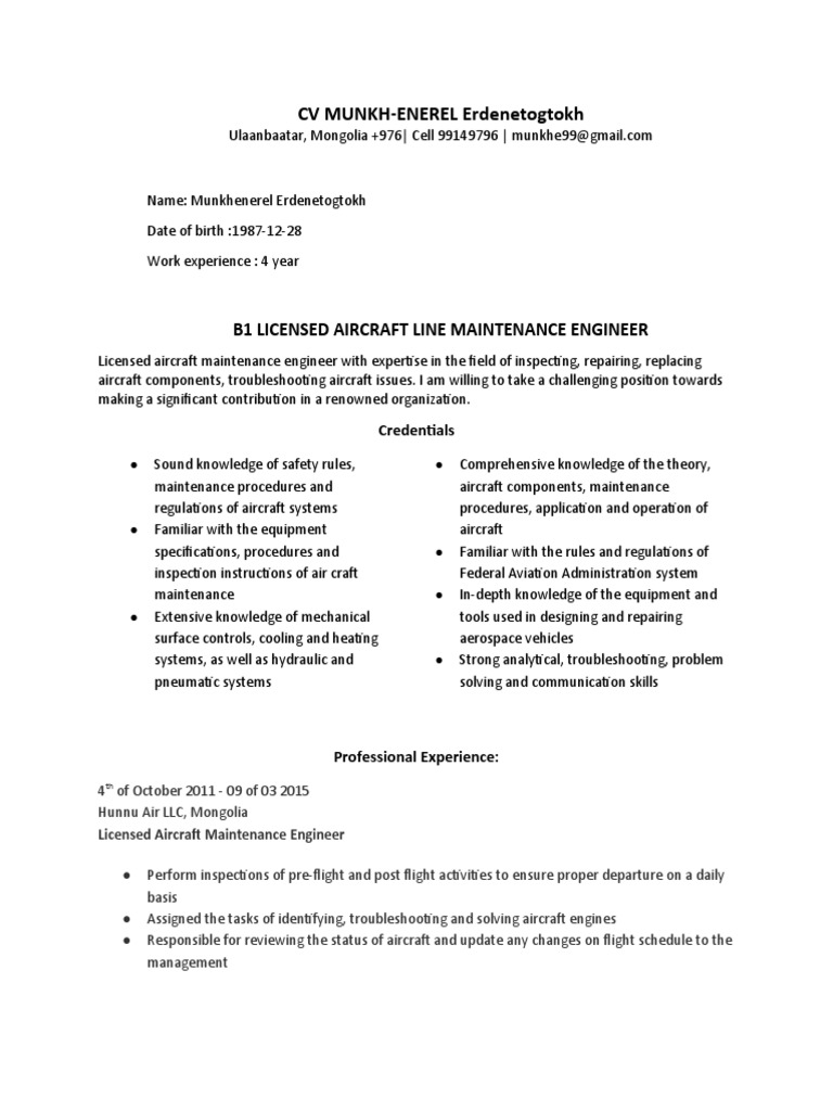 CV MUNKH-ENEREL Erdenetogtokh: B1 Licensed Aircraft Line Maintenance ...