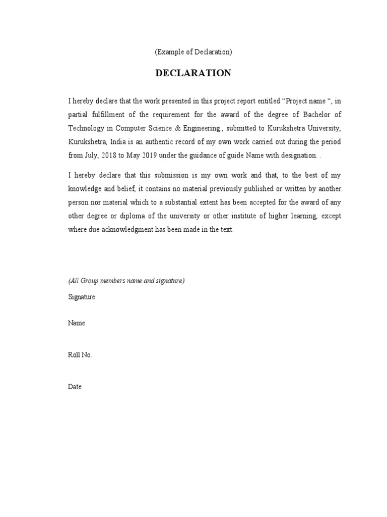 Declaration: (All Group Members Name and Signature) | PDF