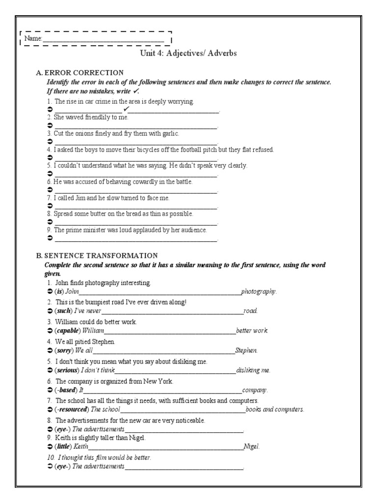 Unit 4: Adjectives/ Adverbs: A. Error Correction | PDF | Adverb | Syntax
