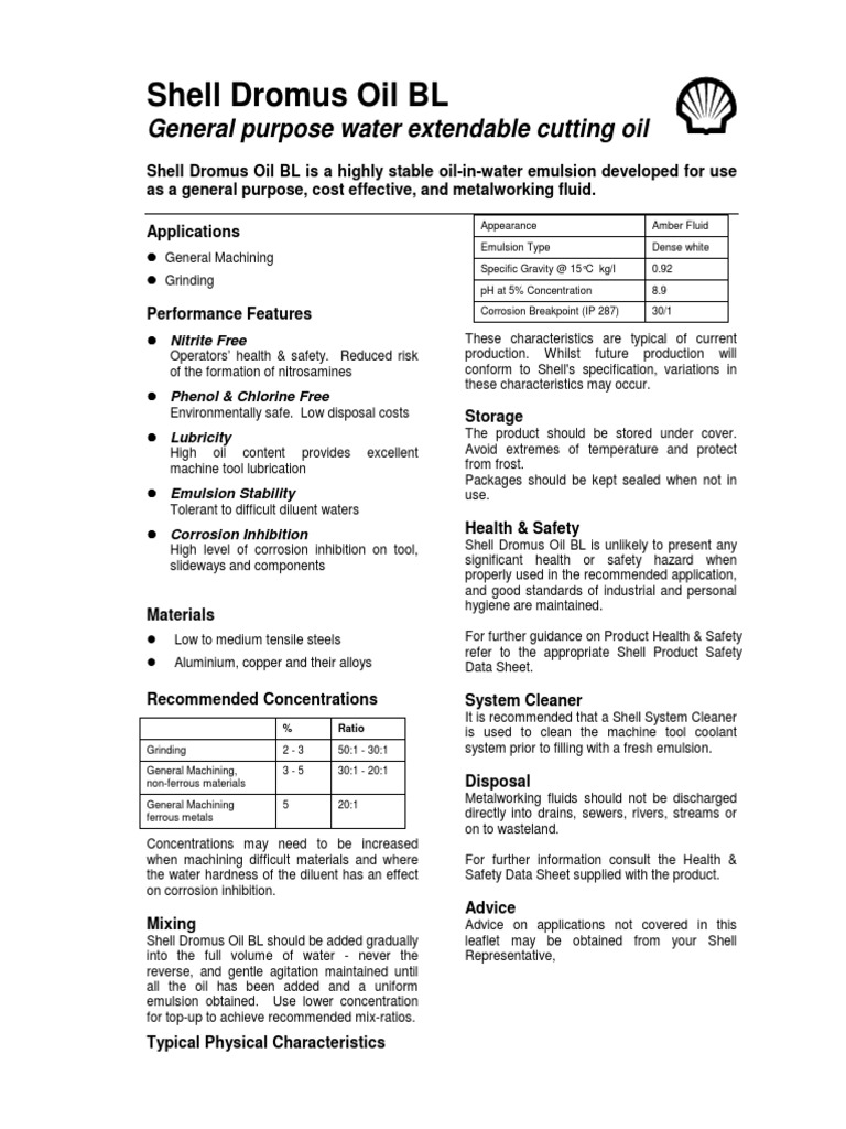 Shell Dromus Oil BL: General Purpose Water Extendable Cutting Oil | PDF ...