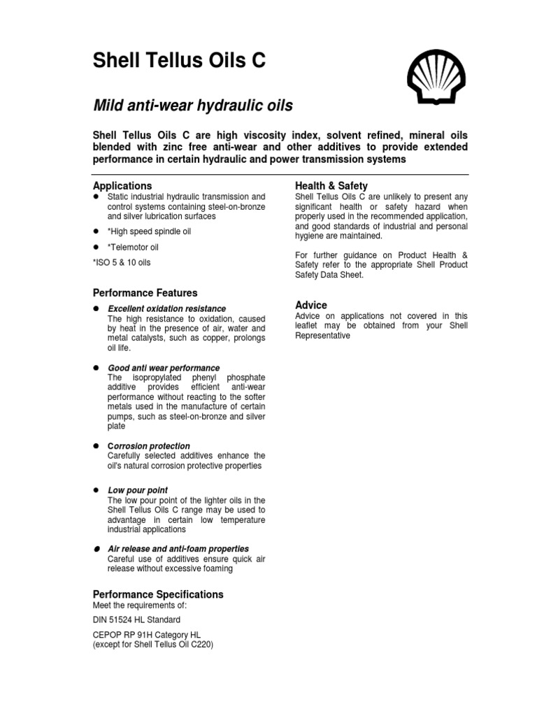 Shell Tellus Oils C: Mild Anti-Wear Hydraulic Oils | PDF | Corrosion ...