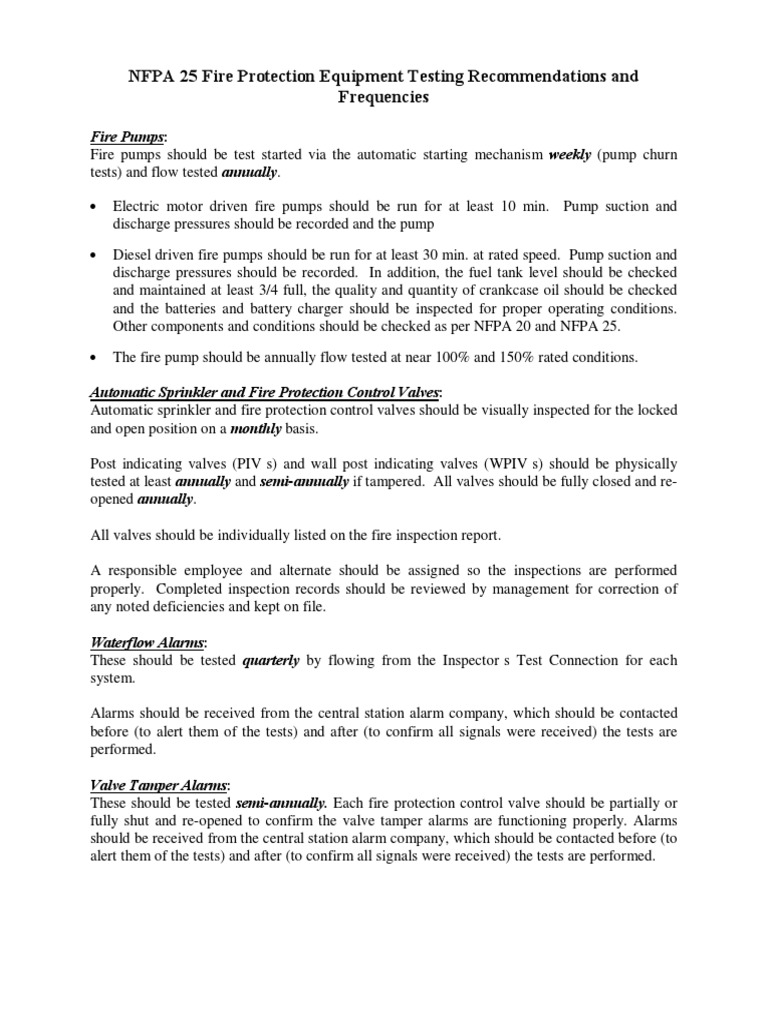 NFPA 25 Fire Equipment Testing Guide | PDF | Fire Sprinkler System | Pump