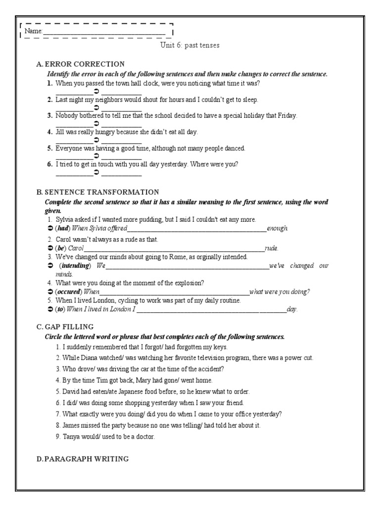 A. Error Correction: Unit 6: Past Tenses | PDF