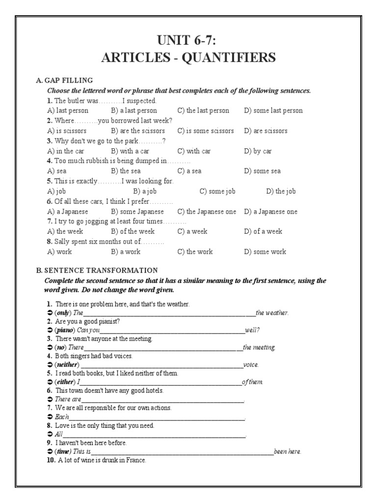 UNIT 6-7: Articles - Quantifiers: Choose The Lettered Word or Phrase ...
