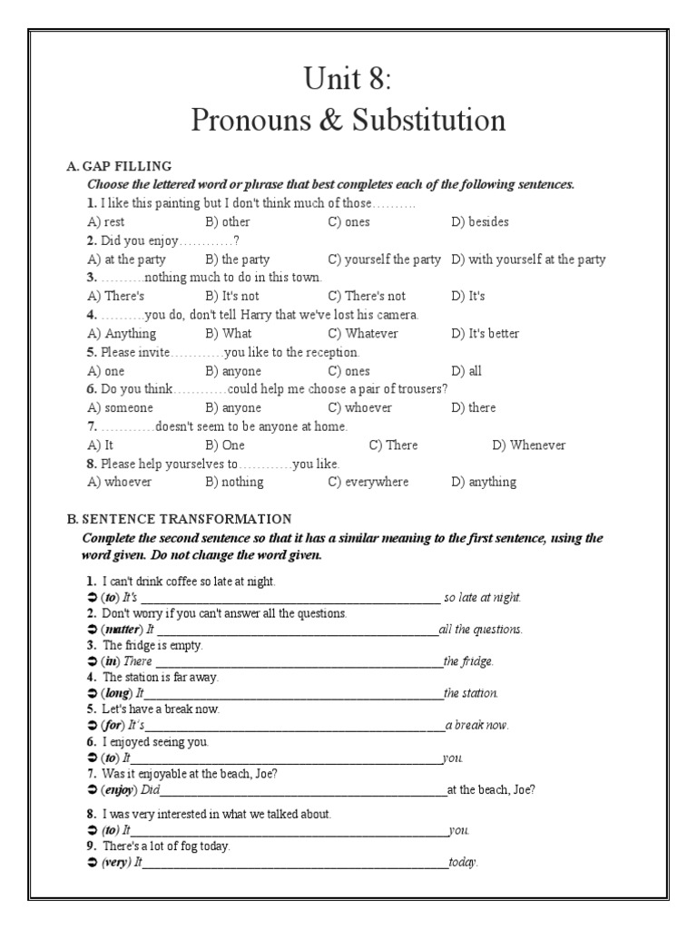 Unit 8: Pronouns & Substitution: Choose The Lettered Word or Phrase ...