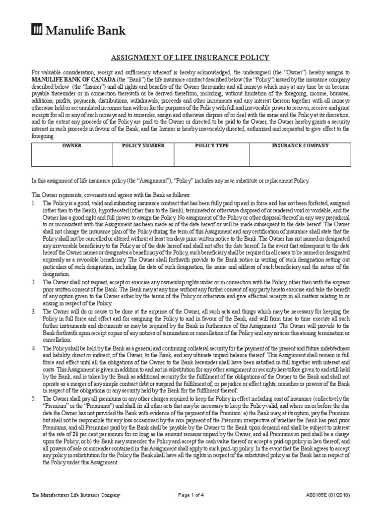 Bank Assignment of Insurance Policy Template | PDF | Banks | Insurance