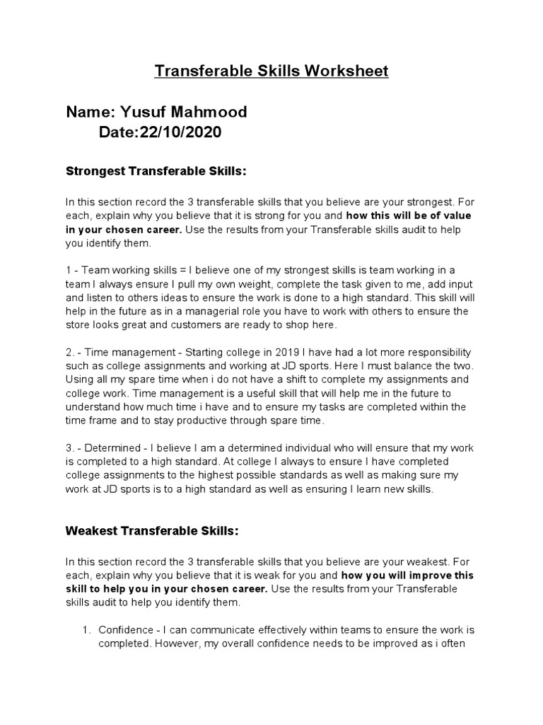 Transferable Skills Worksheet Name: Yusuf Mahmood Date:22/10/2020 ...