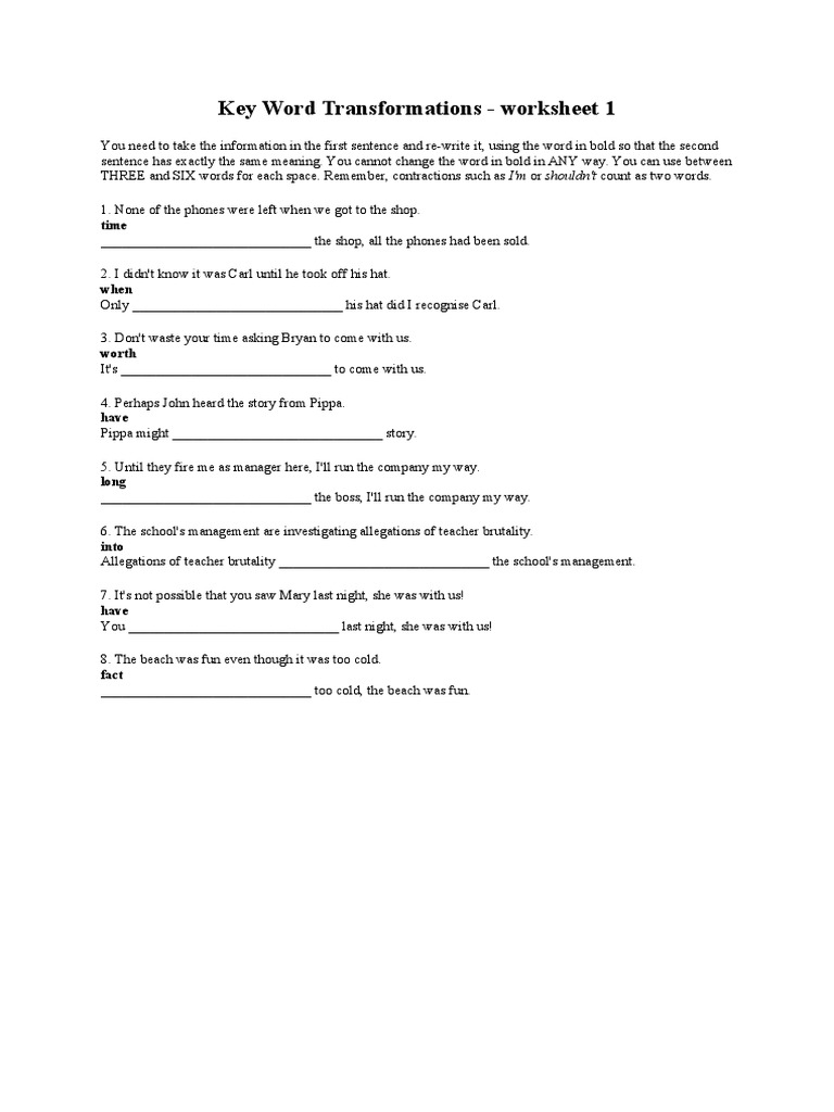 Key Word Transformations - Worksheet 1 | PDF