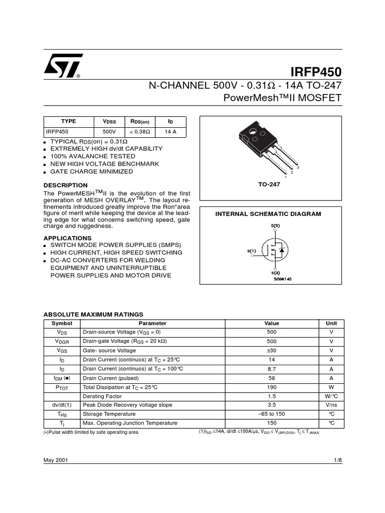 Irfp450: N-Channel 500V - 0.31 - 14A To-247 Powermesh™Ii Mosfet | PDF