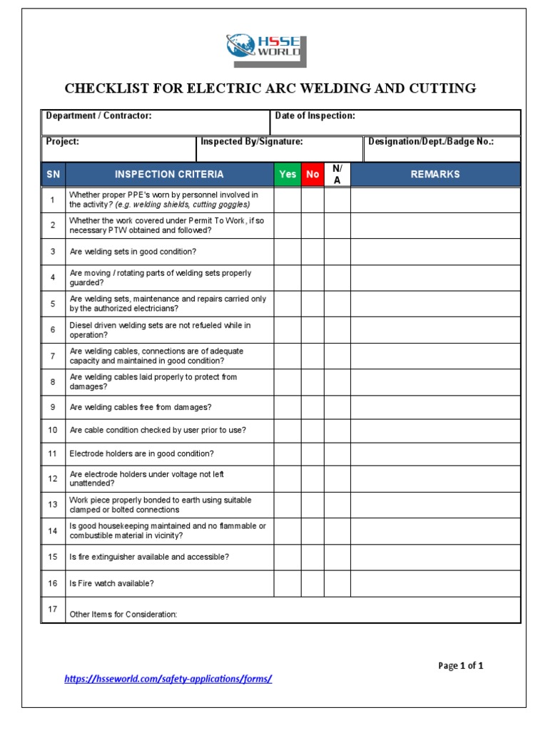Checklist For Electric Arc Welding and Cutting | PDF