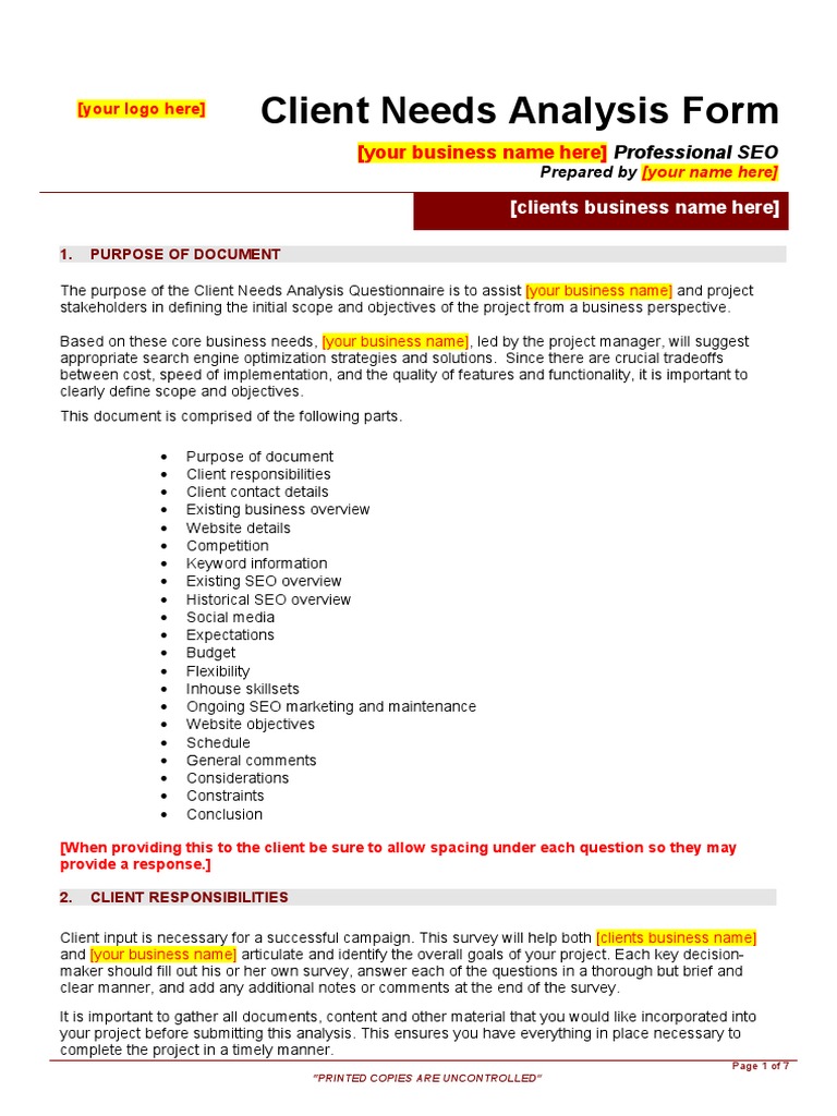 Client Needs Analysis Form | PDF