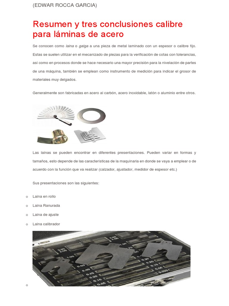 Resumen y Tres Conclusiones Calibre para Láminas de Acero PDF | PDF