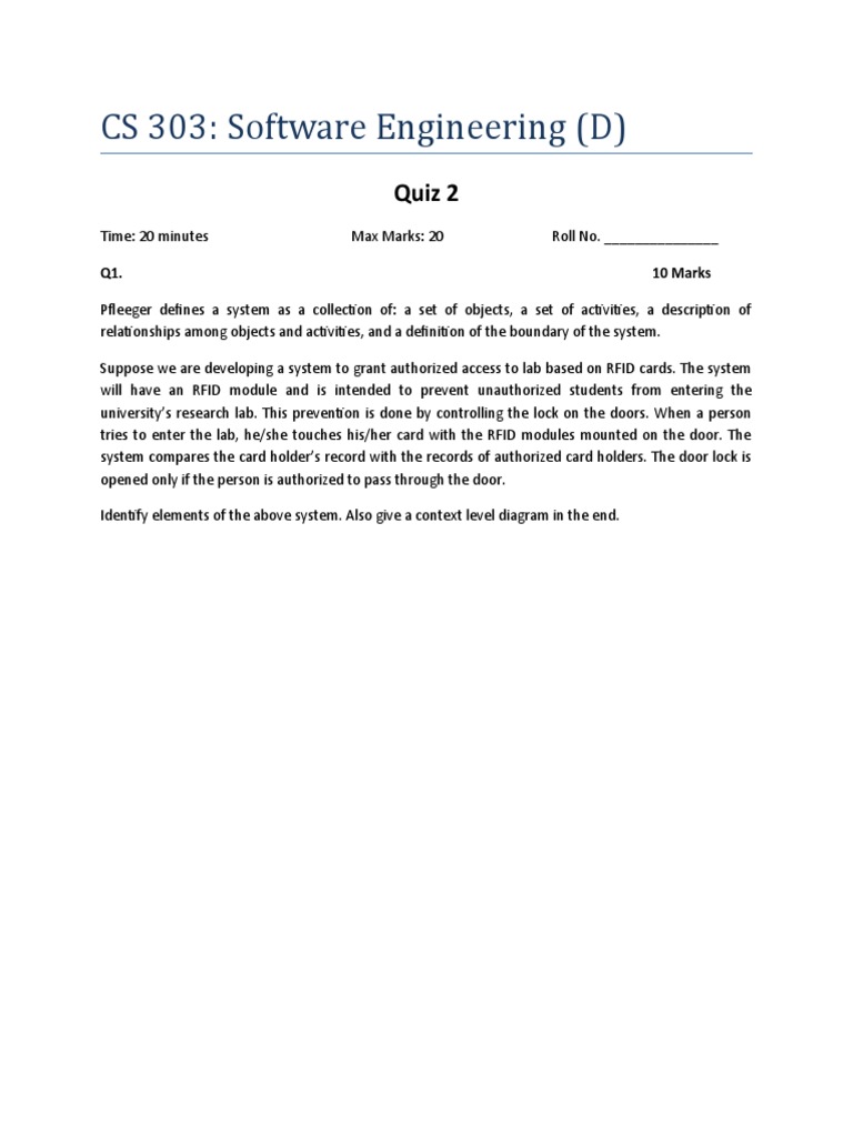 Cs 303 Software Engineering D Quiz 2 Pdf System Systems Science