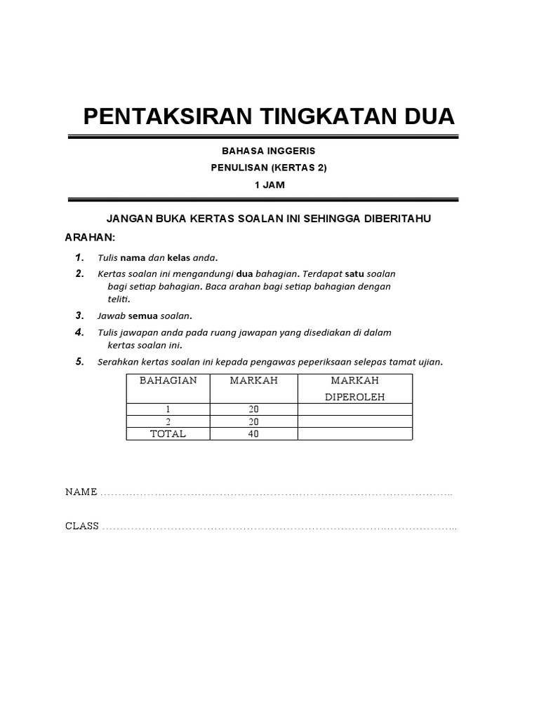 Writing Form 2 Final 2019 | PDF