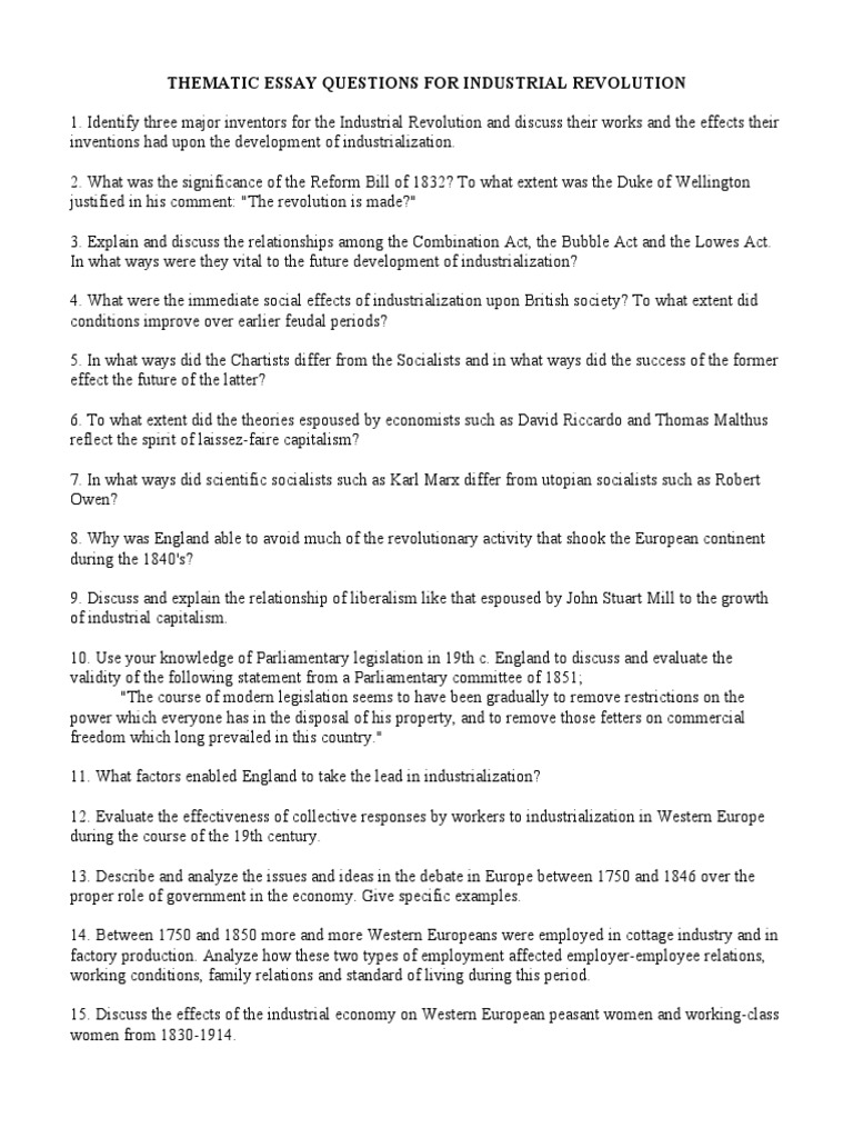 Thematic Essay Questions: Industrial Revolution | PDF | Nationalism ...