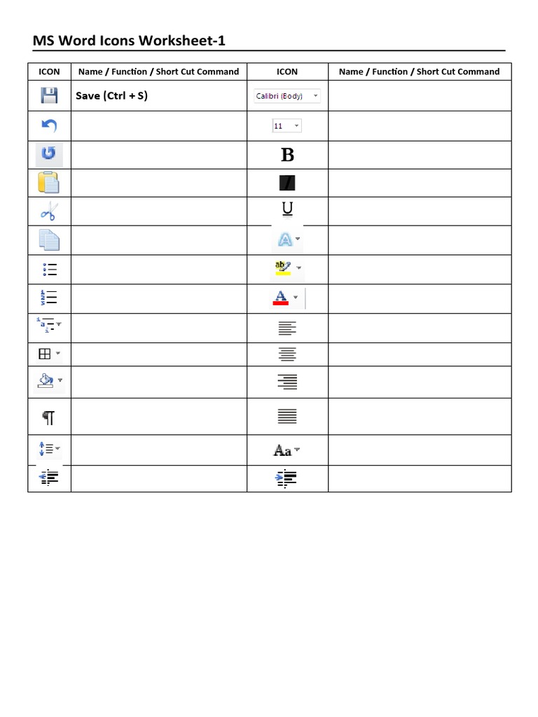 MS Word Icons Worksheet-1 | PDF