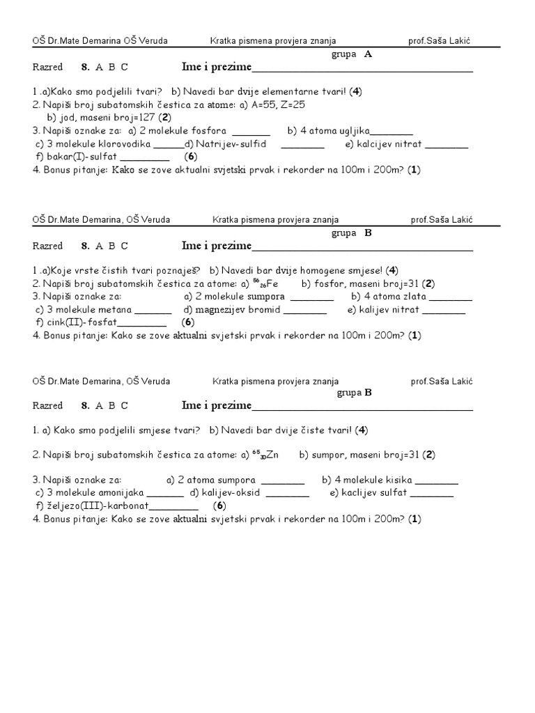 Kemija 8 Testovi Web | PDF