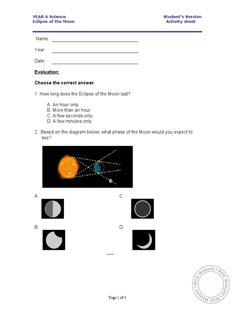 Moon Eclipse Activity Sheet for Year 6 | PDF | Social Science | Young Adult