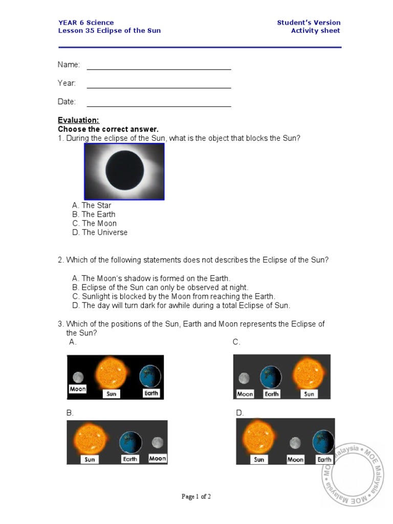 Activity Sheet (ECLIPSE OF THE SUN) | PDF