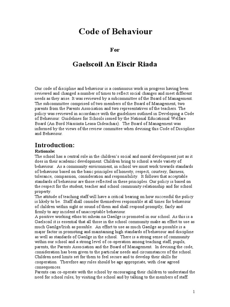 Code of Behaviour | PDF | Teachers | Schools