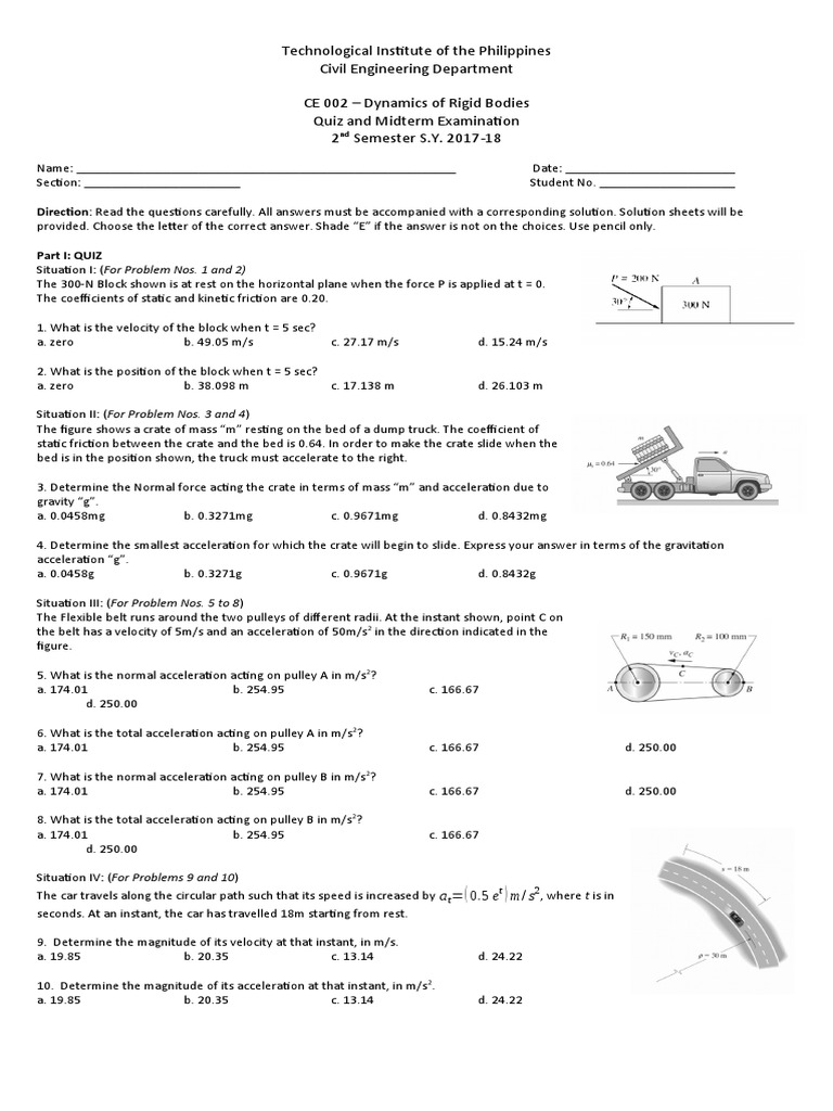 Dynamics Midterm Exam | PDF | Acceleration | Geometric Measurement