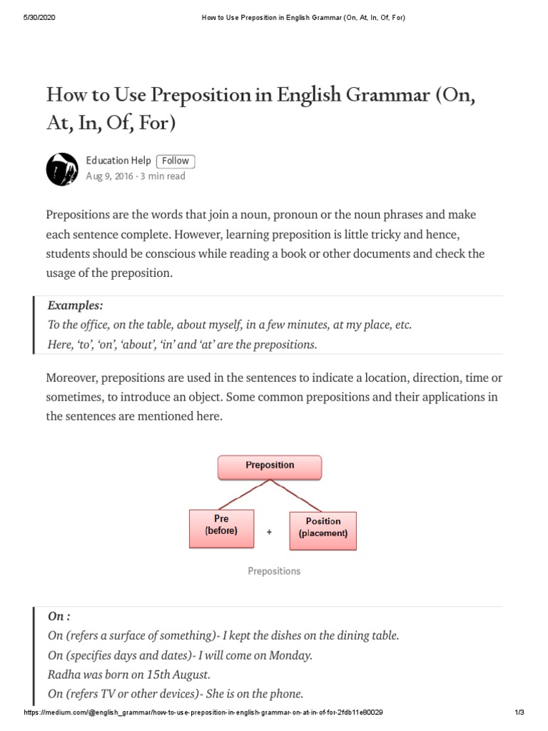 How To Use Preposition in English Grammar (On, At, In, Of, For) PDF ...