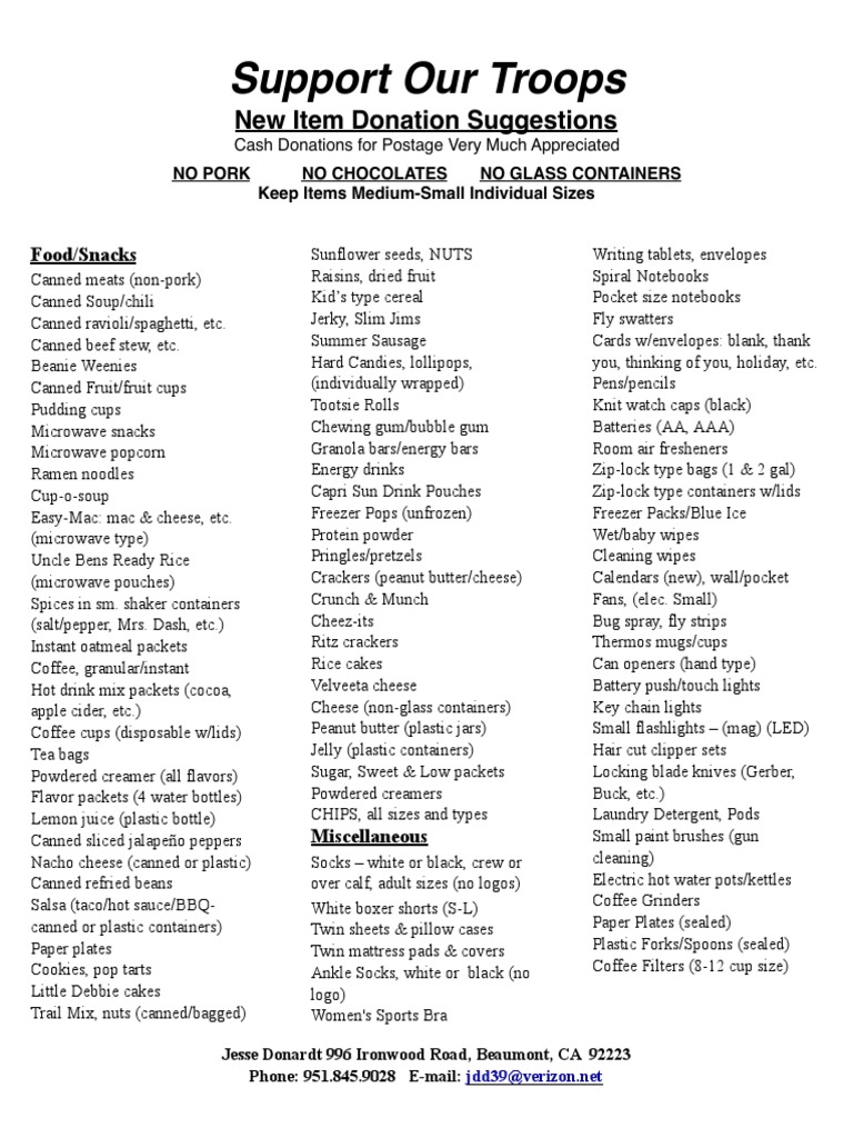 Troop Donation Suggestions Guide | PDF | Topical Medication | Sausage