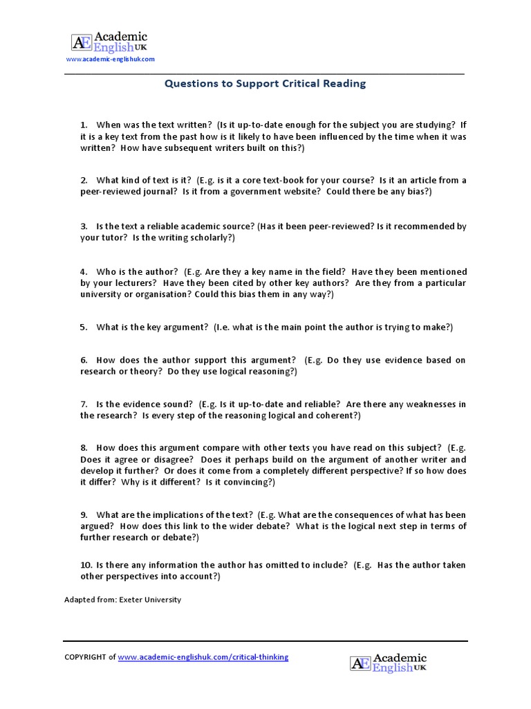 Questions To Support Critical Reading: Adapted From: Exeter University ...