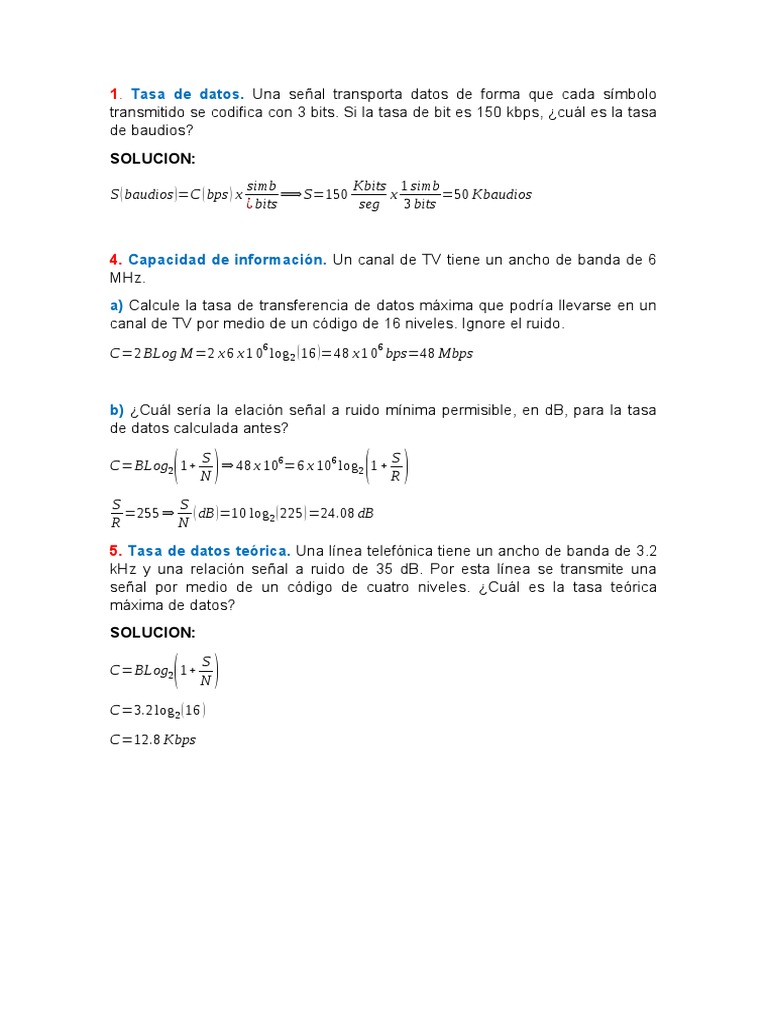 Solucion:: S (Baudios) C (BPS) X Simb Bits S 150 Kbits Seg X | PDF