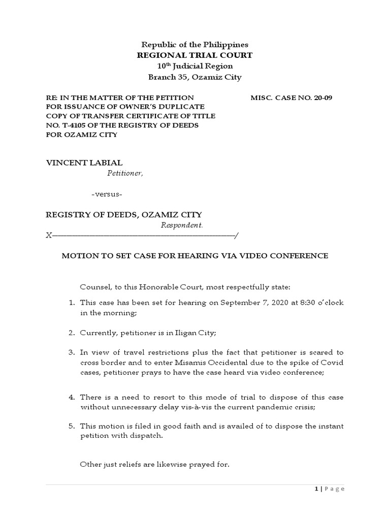 LABIAL (Motion To Set Case Hearing Via Video Conference) | PDF | Courts | Government Information