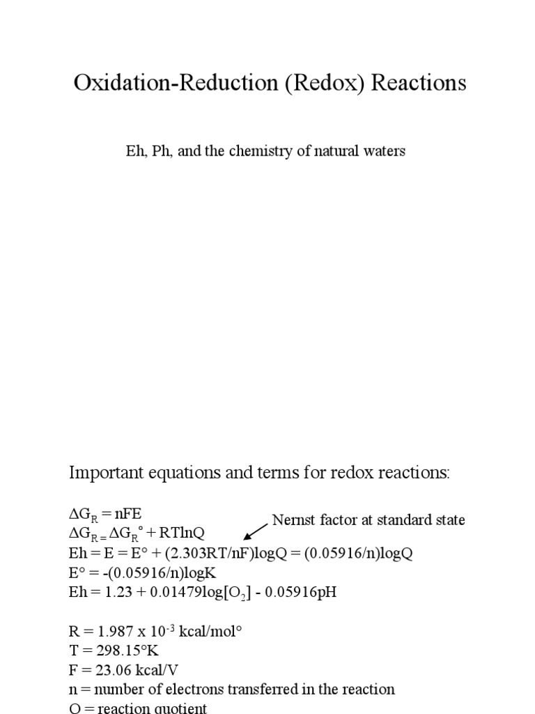 Oxidation-Reduction (Redox) Reactions: Eh, PH, and The Chemistry of ...